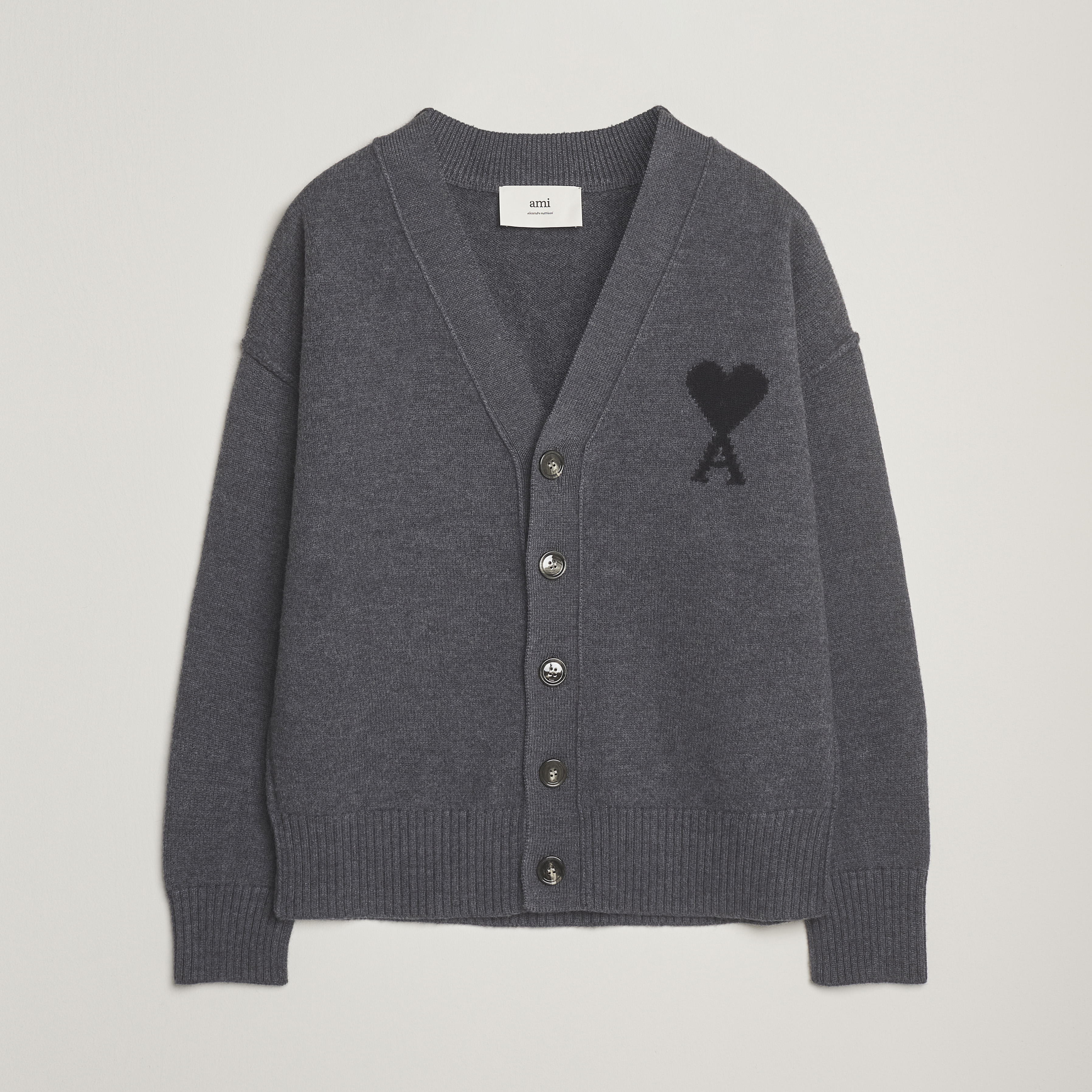 AMI Big Heart Logo Wool Knitted Cardigan Dark Grey at CareOfCarl.com